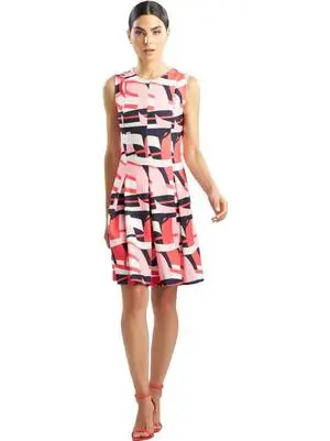 Natori Abstract Lines Sleeveless Pleated Dress - Cayenne