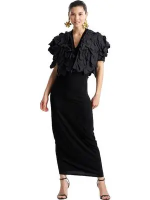 Natori Tech Cotton Taffeta Bolero With Floral Embroidery - Black