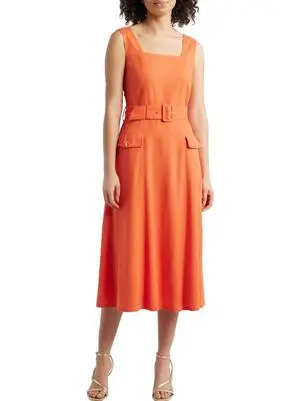 TAHARI ASL Sleeveless Belted Midi Dress - Clementine