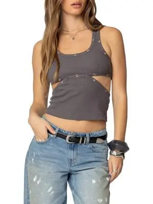 EDIKTED Imogen Grommet Accent Cotton Tank Top - Gray