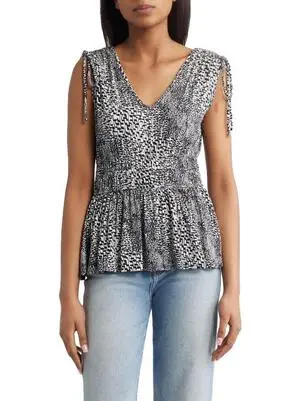 Loveappella Printed Peplum Jersey Top - Ivory/ Black