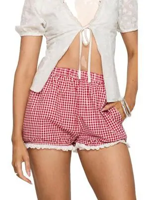 Princess Polly Bruncheon Check Lace Trimmed Shorts - Red/ White