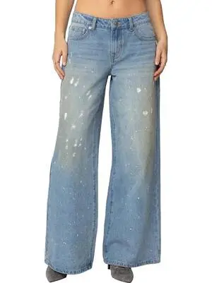 EDIKTED Paint Splatter Wide Leg Jeans - Light-blue