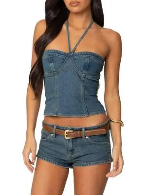 EDIKTED Jagger Denim Bustier Halter Top - Blue-washed