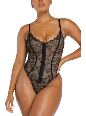 SHAPELLX Lace Thong Bodysuit - Jet Black
