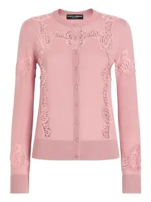 Dolce & Gabbana Wool Cardigan With Lace Inlay - Pink