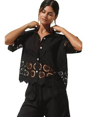 MAHILA Embroidered Cutwork Button-front Top - Black