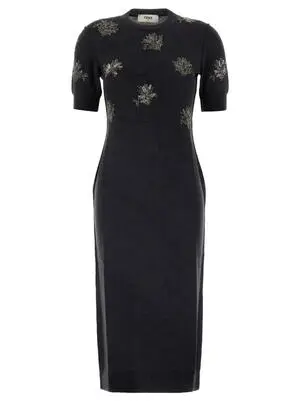 Fendi Floral-embroidered Midi Dress - Black