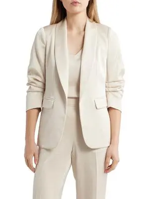 Anne Klein Ruched Sleeve Satin Blazer - Light Parchment