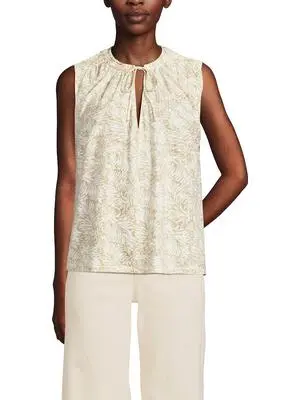 LANDS' END Linen Blend Notch Neck Swing Tank Top Champagne Leaf Scroll