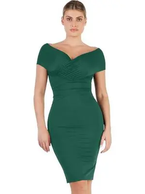 POPILUSH Shapewear Ruched Off-shoulder Sculpting Midi Dress - Bottle Green