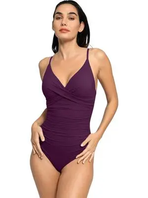 POPILUSH Shapewear Ruched Cross-front One-piece Swimsuit - Dark Pastel Purple
