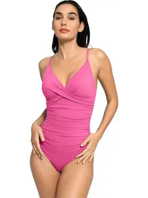 POPILUSH Shapewear Ruched Cross-front One-piece Swimsuit - Hot Pink
