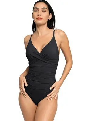 POPILUSH Shapewear Ruched Cross-front One-piece Swimsuit - Midnight Black