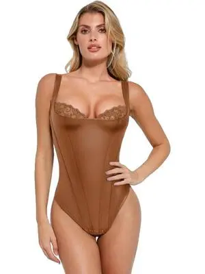 POPILUSH Popilush Faux Leather And Lace Sculpting Bodysuit Camel
