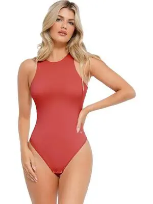 POPILUSH Cloudsense Sleeveless Cutaway Round Neck Bodysuit - Coral Red