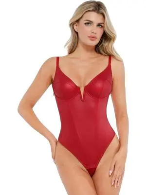 POPILUSH Shapewear Faux Leather Plunging V Sculpting Corset Bodysuit - Brick