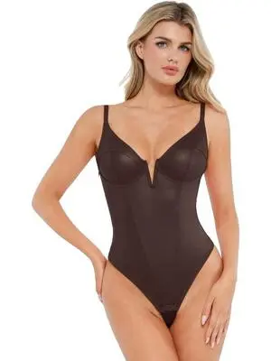 POPILUSH Shapewear Faux Leather Plunging V Sculpting Corset Bodysuit - Cocoa
