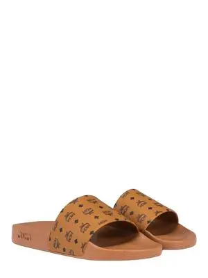 Mcm Monogram Print Rubber Slides - Cognac