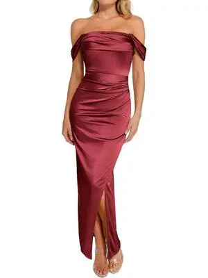 POPILUSH Shapewear Shine Ruched Maxi Dress - Burgundy