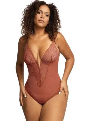 POPILUSH Lace Deep V-neck Thong Bodysuit - Chocolate