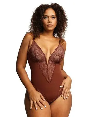 POPILUSH Lace Deep V-neck Thong Bodysuit - Deep Coffee