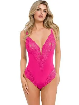 POPILUSH Lace Deep V-neck Thong Bodysuit - Hot Pink