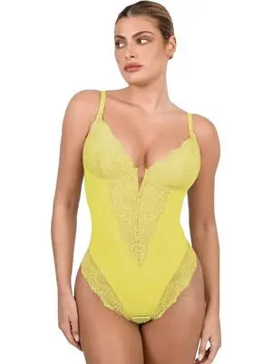 POPILUSH Lace Deep V-neck Thong Bodysuit - Lemon