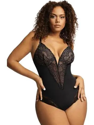 POPILUSH Lace Deep V-neck Thong Bodysuit - Midnight Black