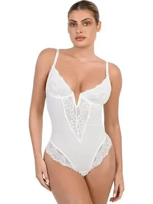POPILUSH Lace Deep V-neck Thong Bodysuit - White