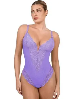 POPILUSH Lace Deep V-neck Thong Bodysuit - Wisteria