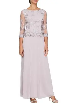 Alex Evenings Floral Embroidered Gown - Smokey Orchid