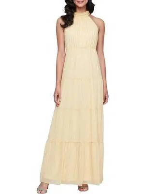 SL FASHIONS Sparkle Stripe Tiered Halter Gown - Pale Yellow