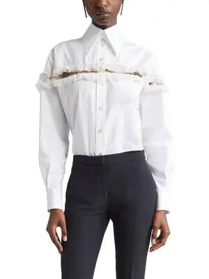 Alexander McQueen Cotton Button-up Shirt With Ruffle Mesh Inset - Optical White
