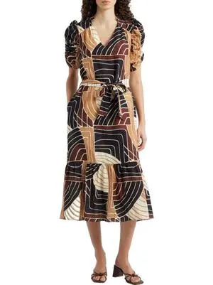 CIEBON Merl Tie Waist Midi Dress - Chocolate Multi