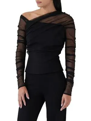 MARCELLA Monroe One-shoulder Top With Mesh Overlay - Black