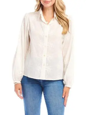 Karen Kane Embroidered Puff Sleeve Button-up Shirt - Cream