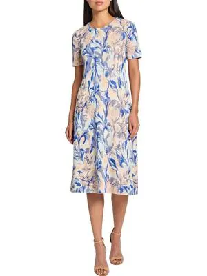 Misook Floral Jacquard Dress - Aegean Blue/ Aquatic Multi