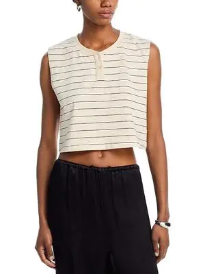 LESET Margo Sleeveless Cropped Henley Top - Natural/midnight Stripe