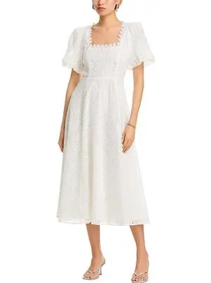 Aqua Lace Trim Eyelet Midi Dress - White