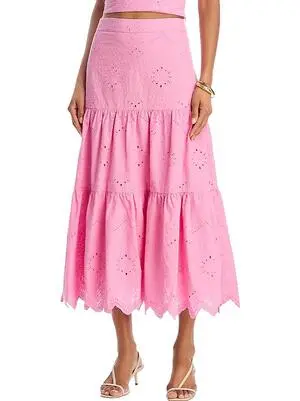 Aqua Embroidered Lace Midi Skirt - Pink