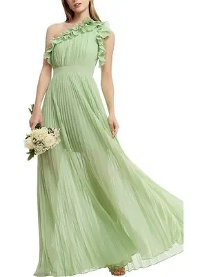 Dress The Population Vida Asymmetric Pleated Gown - Sage