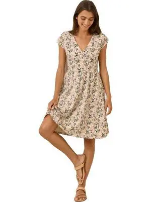 PACT Pact Organic Cotton Fit & Flare Crossover Dress Bouquet Blooms Sandshell