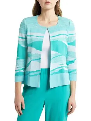Ming Wang Heritage Fit Jacquard Knit Jacket - Emerald Awe/ Calypso Blue
