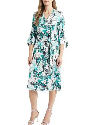 Ming Wang Abstract Print Tie Waist A-line Midi Dress - Emerald Awe Multi