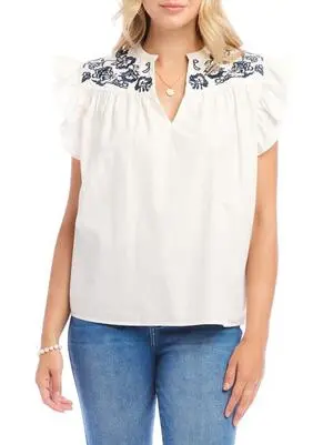 Karen Kane Embroidered Ruffle Sleeve Top - Off White/ Navy