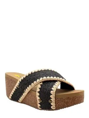 VOLATILE Antigua Platform Wedge Slide Sandal - Black Raffia