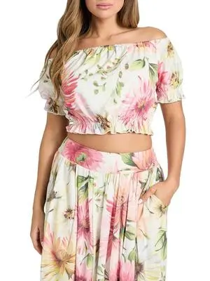 Guess Elodie Off-the-shoulder Top - Painted Daisies Print