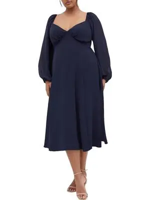 City Chic Flirty Long Sleeve Cocktail Midi Dress - Navy