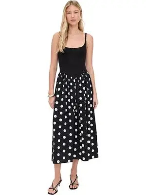 LE BOP Alix Mixed Fabric Tank Dress - Black/polka Dot